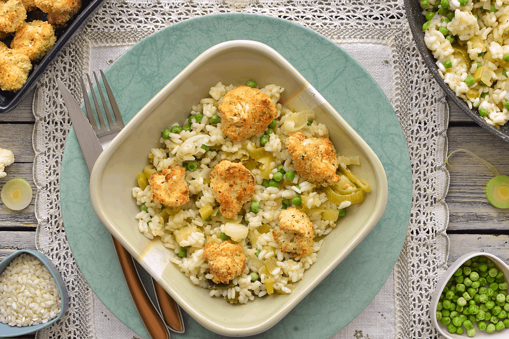 Italian Cauliflower Fritters with a Leek and Pea Risotto Recipe | SoCook